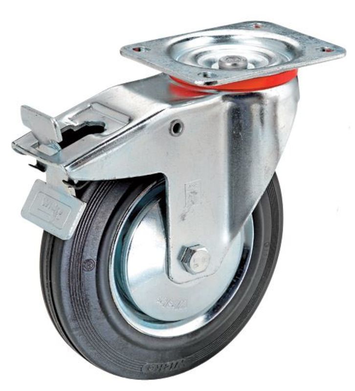 Massivt gummihjul på stålfelg, svingbart hjul med brems | Gerdmans