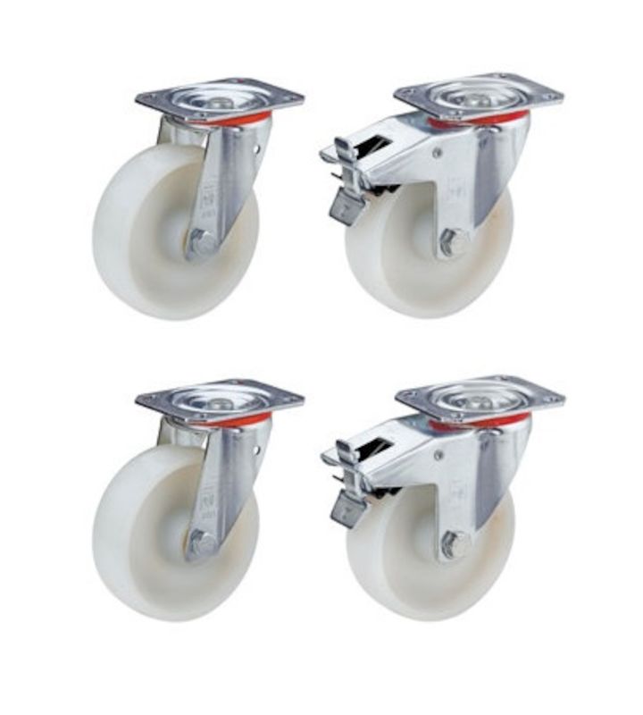 Polyamidhjul, hjulsett, 4 svingbare hjul, 2 med dobbelbrems, rullelager ...