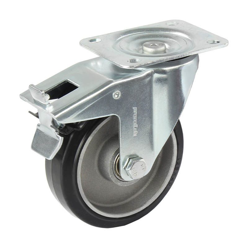 Massivt gummihjul, svingbart med brems, på aluminiumsfelg | Gerdmans