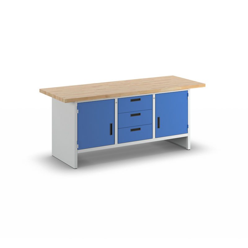 Arbejdsbord Halvar, 3 skuffer, 2 låger, bredde 2000 mm, lysegrå ...
